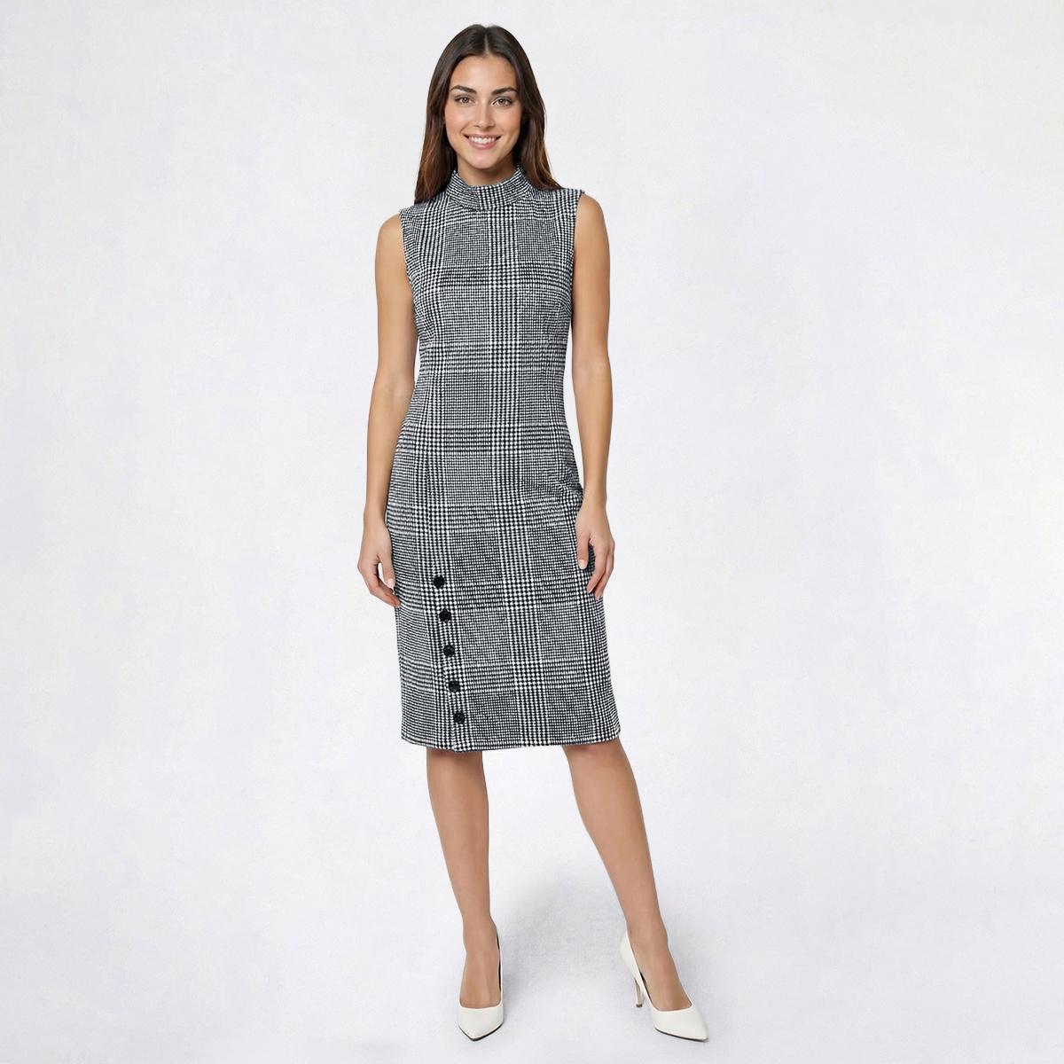 Click here for Womens Sharagano Sleeveless Mock Neck Plaid Sheath... prices